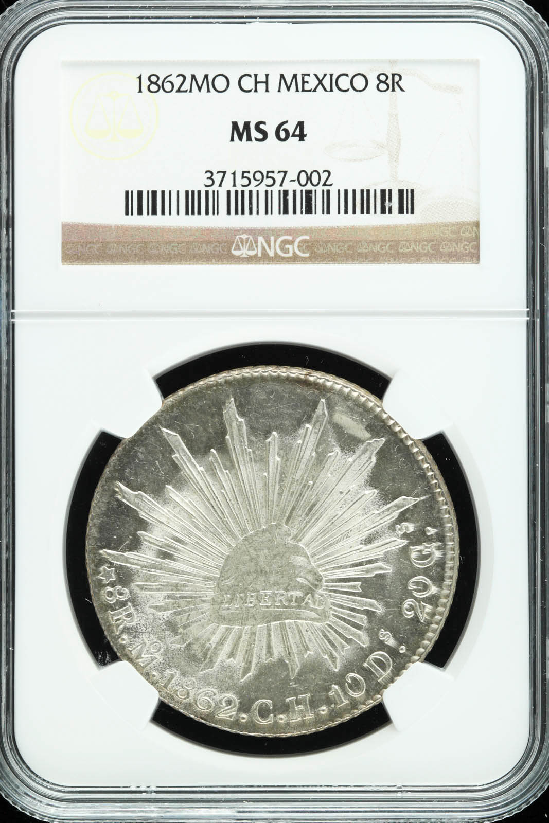 Republic 8 Reales 8 R 1862 Mo CH NGC MS64 KM377.10 20352 | World Numismatics LLC