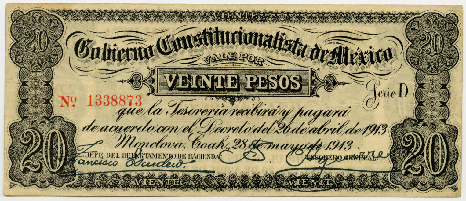 Revolutionary Currency 20 Pesos COA XF M978a 26837 | World Numismatics LLC