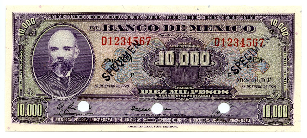 Banco De Mexico 10,000 Pesos 1978 UNC M4644s 32538 | World Numismatics LLC