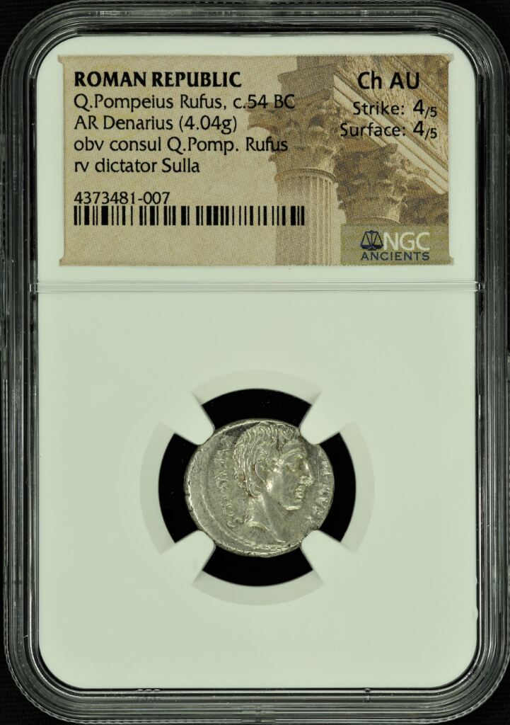 Roman Republic Q.Pompeius Rufus c.54 BC AR Denarius NGC Ch AU 44103 ...