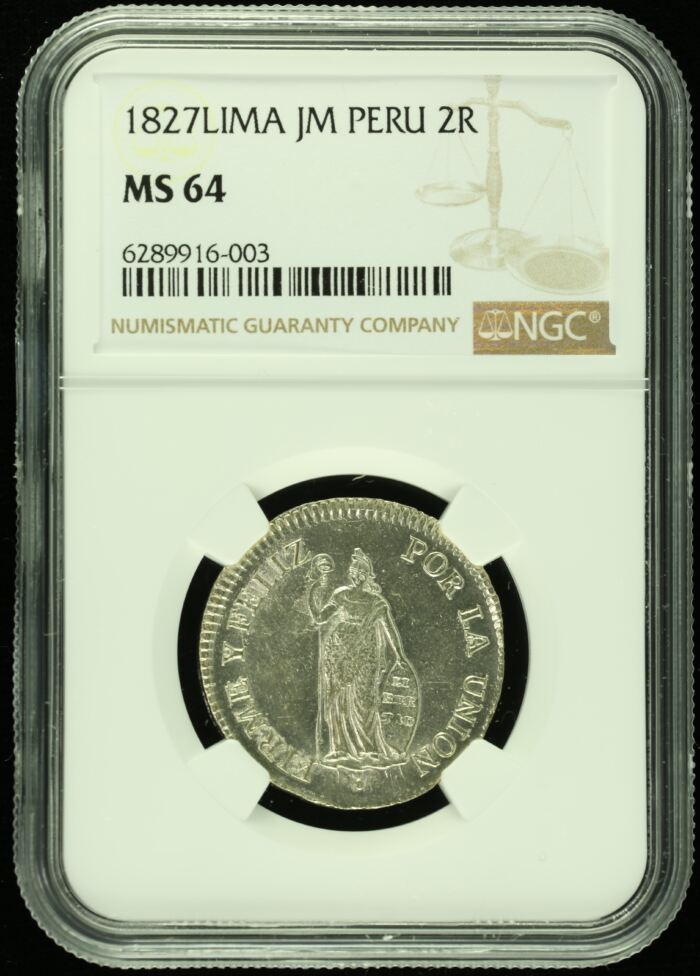 Peru 2 Reales 1827 Lm JM NGC MS64 0120192 | World Numismatics LLC