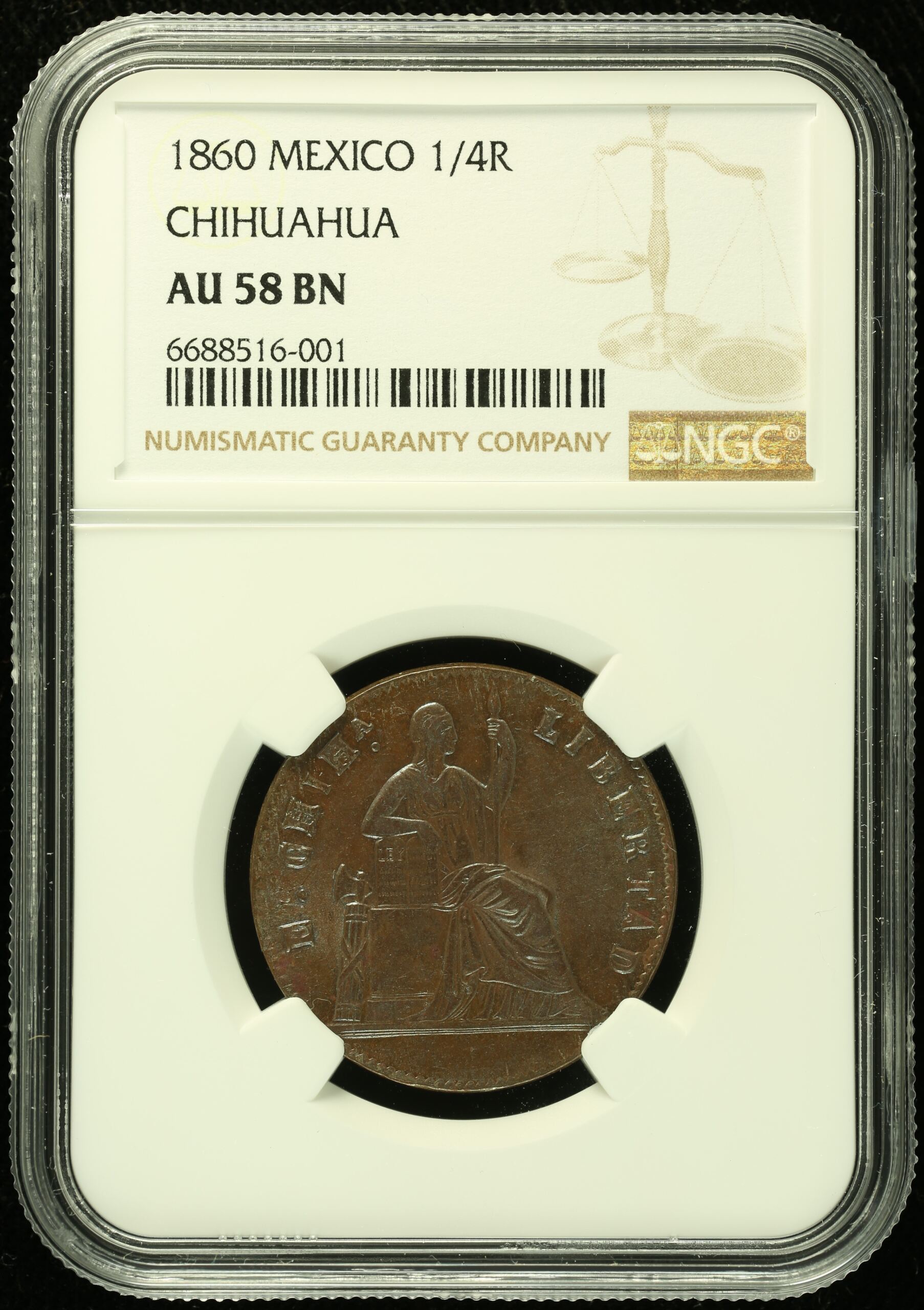State Coppers 1/4 Real 1860 Chihuahua NGC AU58BN 0133098 – World ...