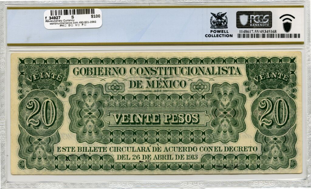 Revolutionary Currency 20 Pesos 1913 Coahuila M978a PCGS AU55 f_34927 ...