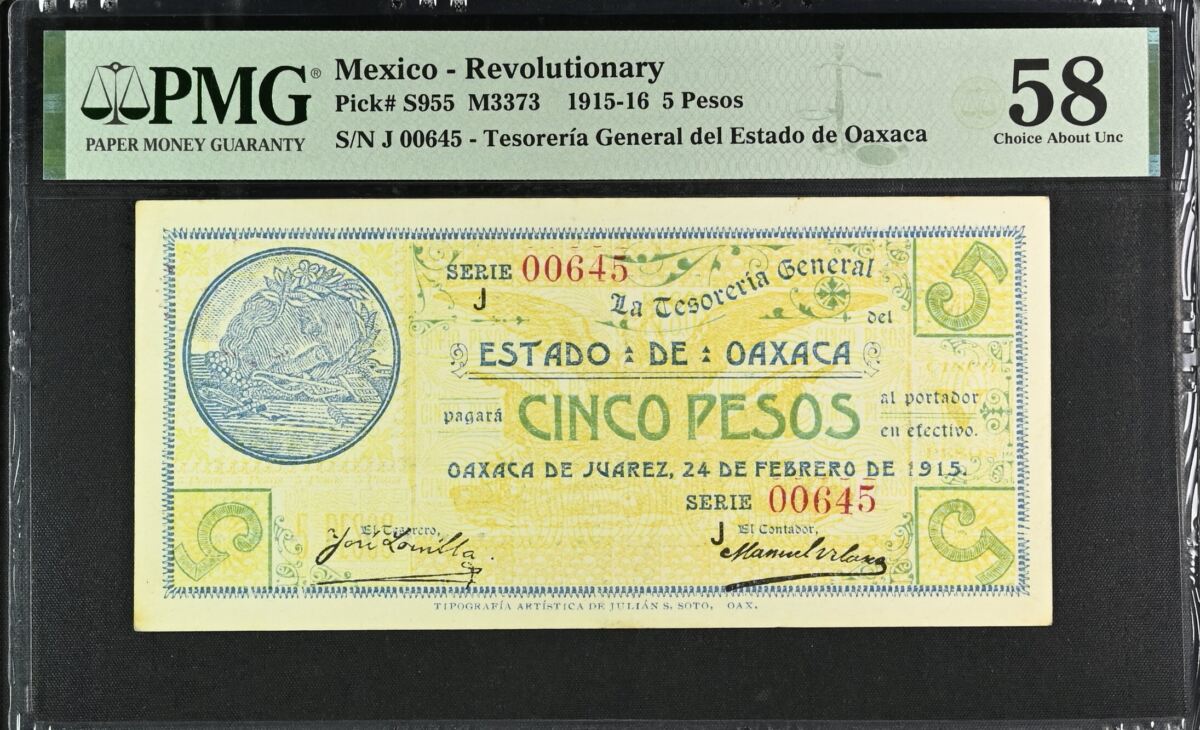 Revolutionary Currency 5 Pesos 1915-16 Oaxaca M3373 PMG Ch AU58 f_35080 | World Numismatics LLC